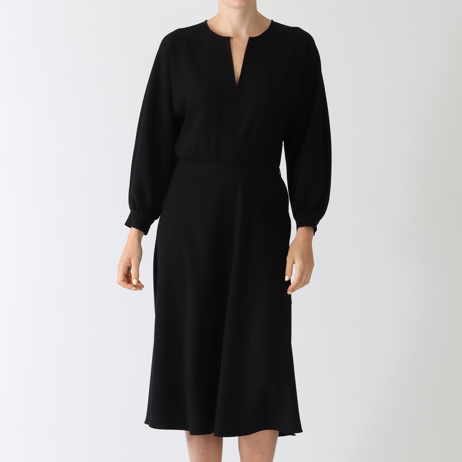 Black Fluid Techno Satin Crepe Midi Dress – Angela Beer | The ultimate ...