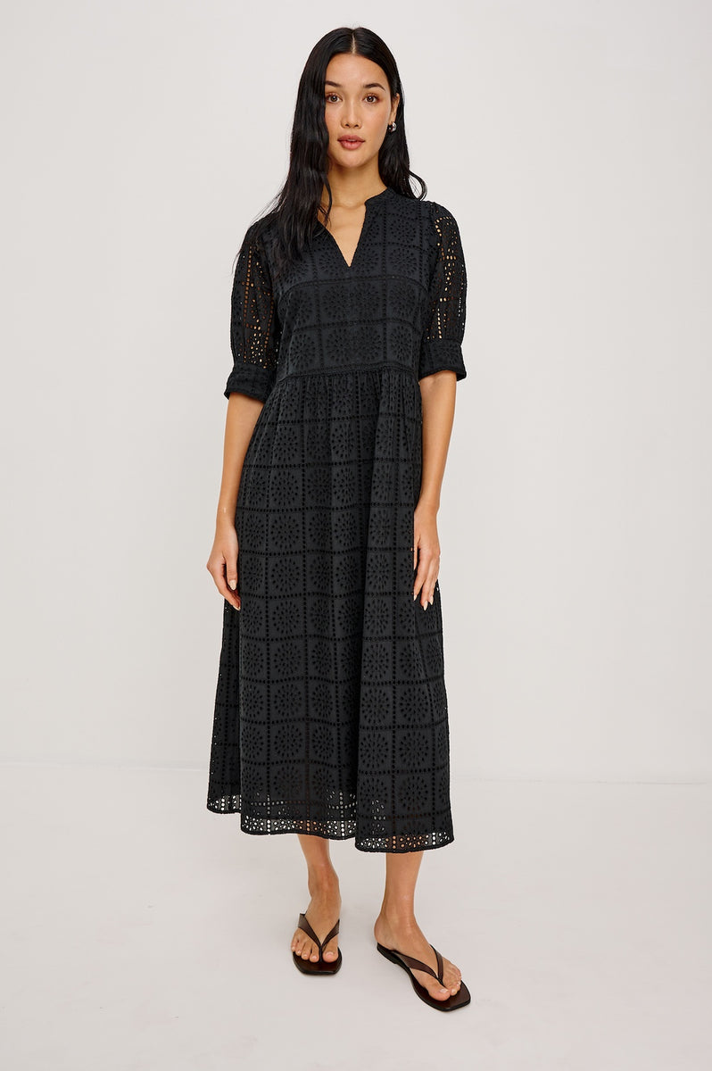 Black Nella Grid Embroidered Cotton Midi Dress – Angela Beer | The ...