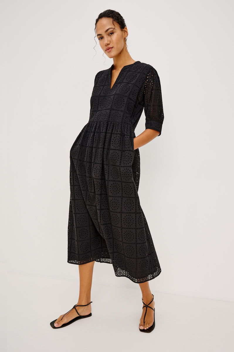 Black Nella Grid Embroidered Cotton Midi Dress – Angela Beer | The ...