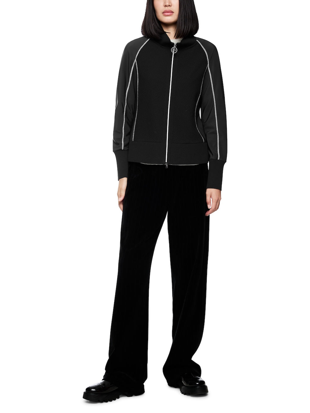 Black Zip Cardigan With White Contrast Stitching – Angela Beer | The ...