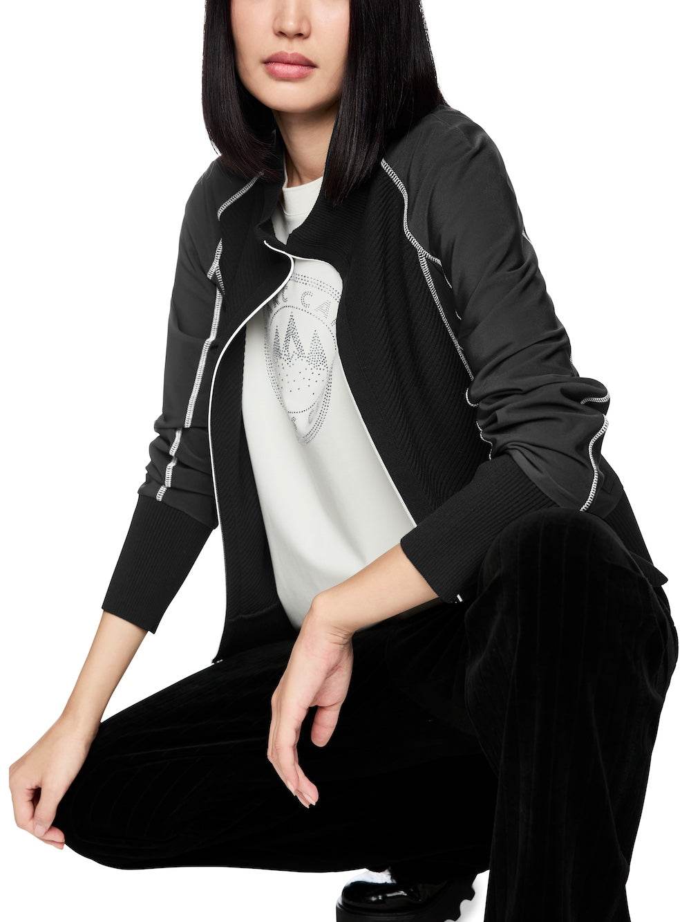 Black Zip Cardigan With White Contrast Stitching – Angela Beer | The ...