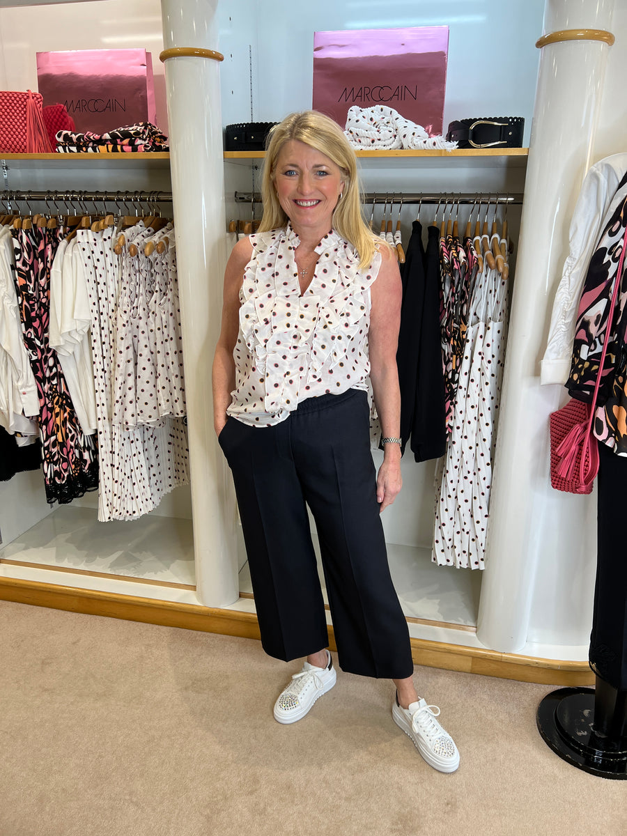 Off White Cali Dots Ruffle Top – Angela Beer | The ultimate ladies ...