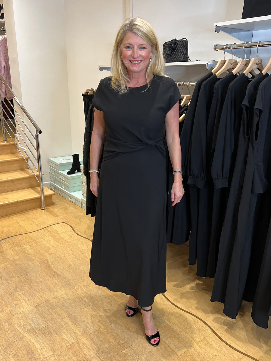 Deep Black Draped Waist Midi Dress – Angela Beer | The ultimate ladies ...