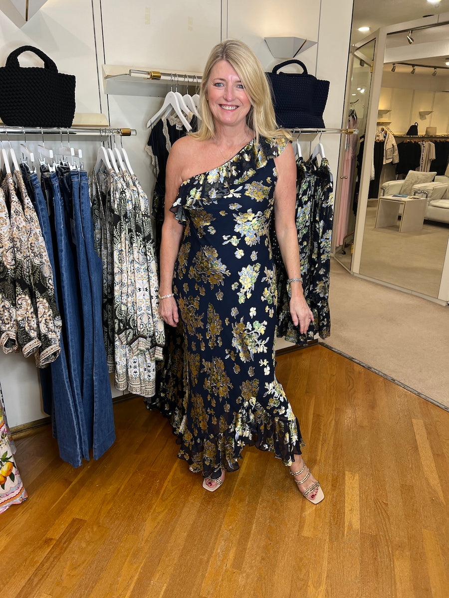 Navy Leon Bouquet Devore One Shoulder Maxi Dress – Angela Beer | The ...