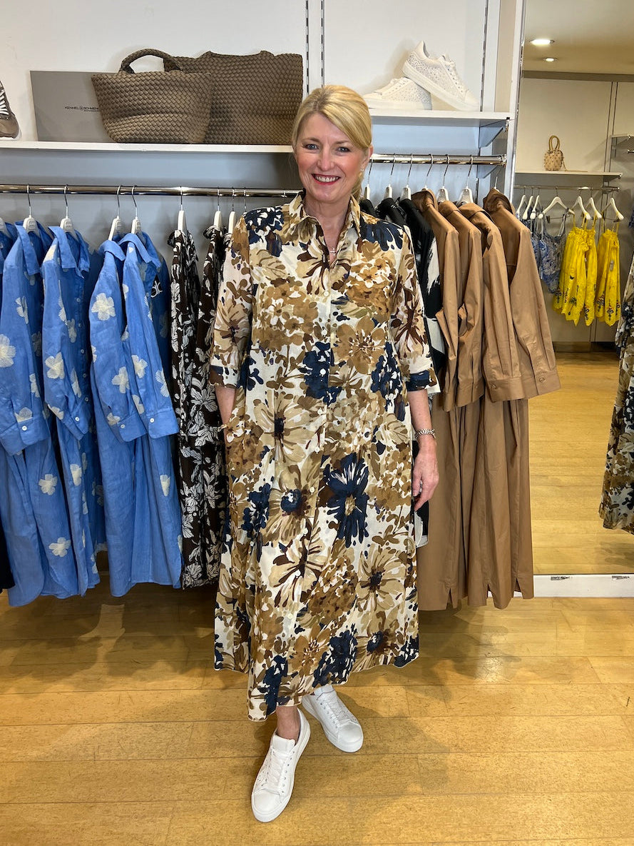 Navy Blue Floral Print Midi Shirt Dress – Angela Beer | The ultimate ...