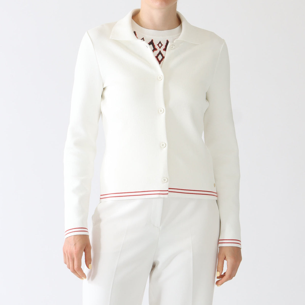 Off White Fine Knit Cardigan With Striped Trims – Angela Beer | The ...