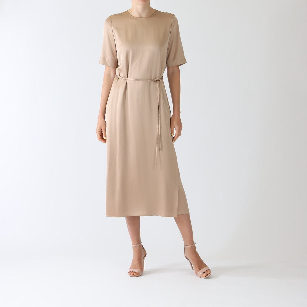 Warm Taupe Satin Midi Dress – Angela Beer | The ultimate ladies ...